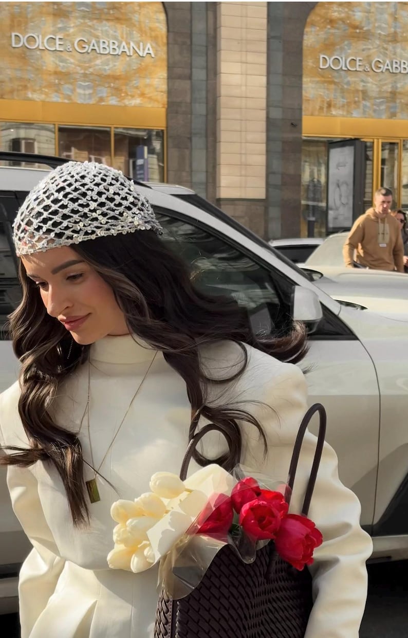 Crochet White Mesh Hat, Mesh Beanie Hat With Sequins, Netted Mesh ...