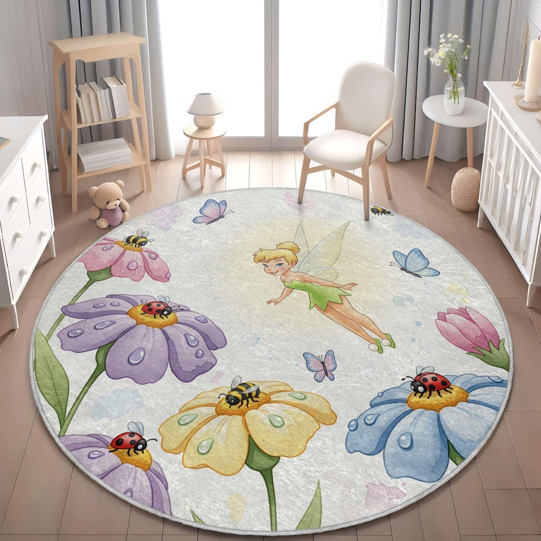 Tinkerbell Fairy Nursery Rug, Magical Garden Round Playmat, Soft Baby ...