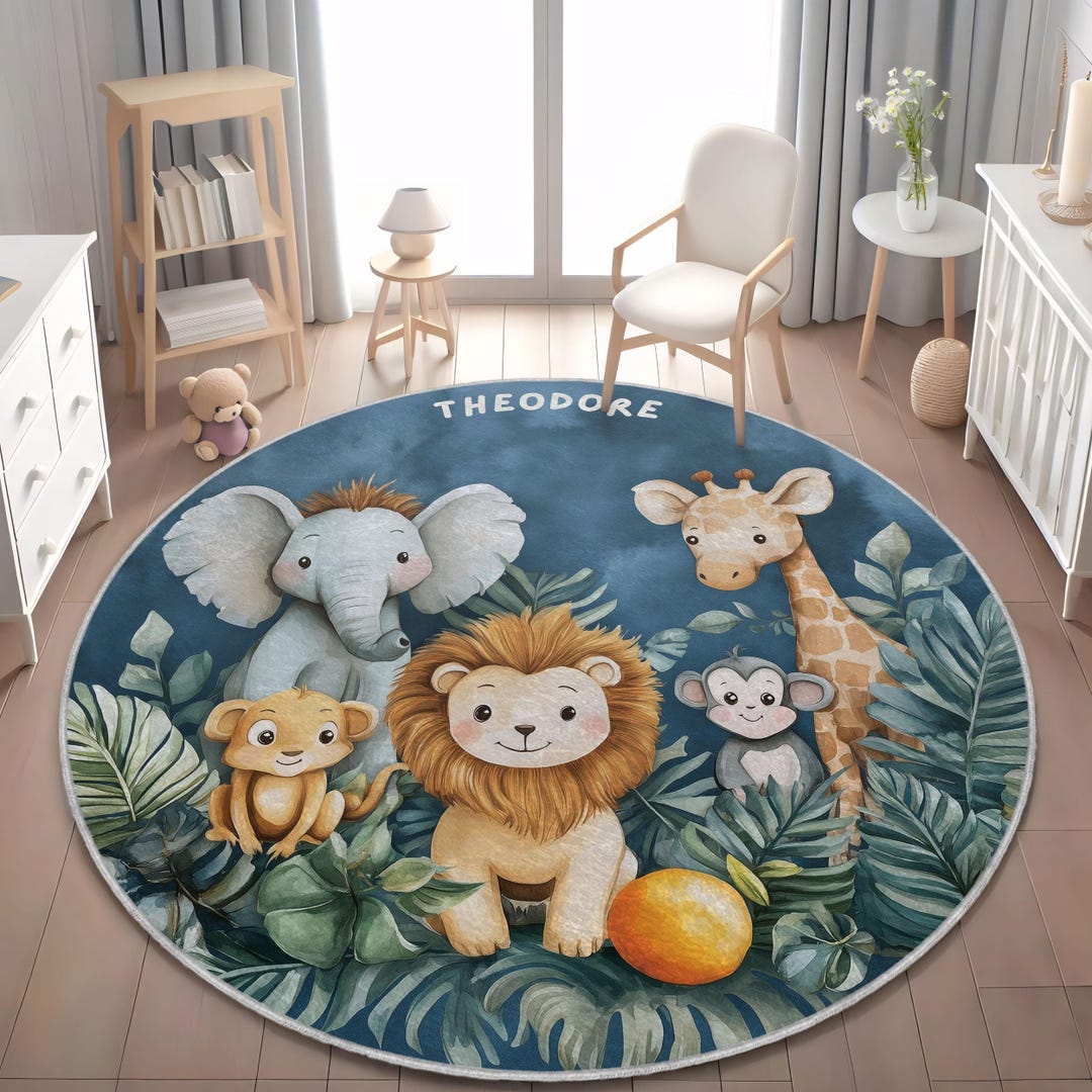 Safari Nursery Rug, Custom Name Safari Kids Room Rug, Personalized Baby ...