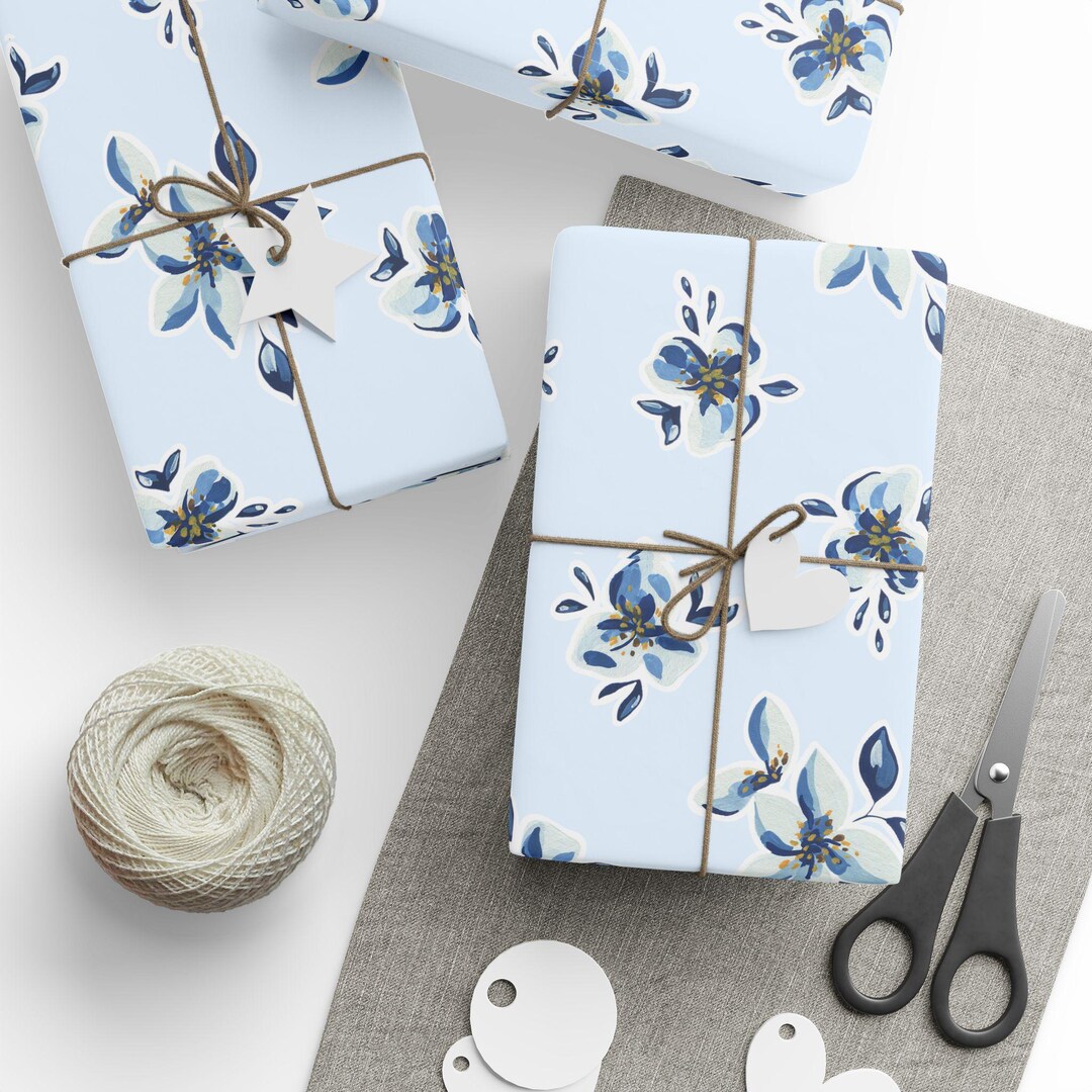 Gift Wrap: Blue Watercolor Flowers on Icy Blue Background - Classy ...