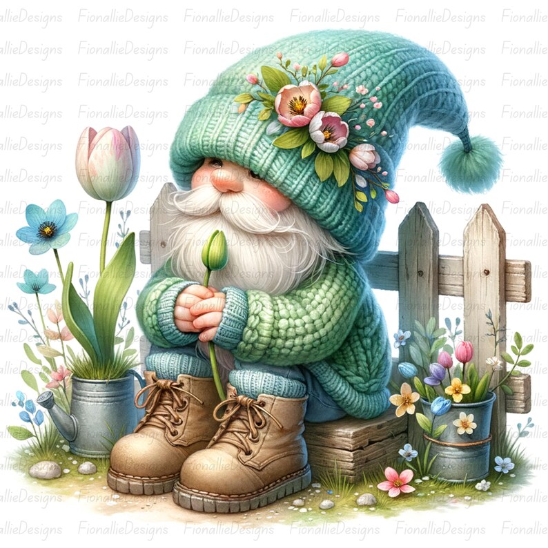 Tulip Spring Gnomes Clipart, Watercolor Floral Gnomes Clipart, Spring ...