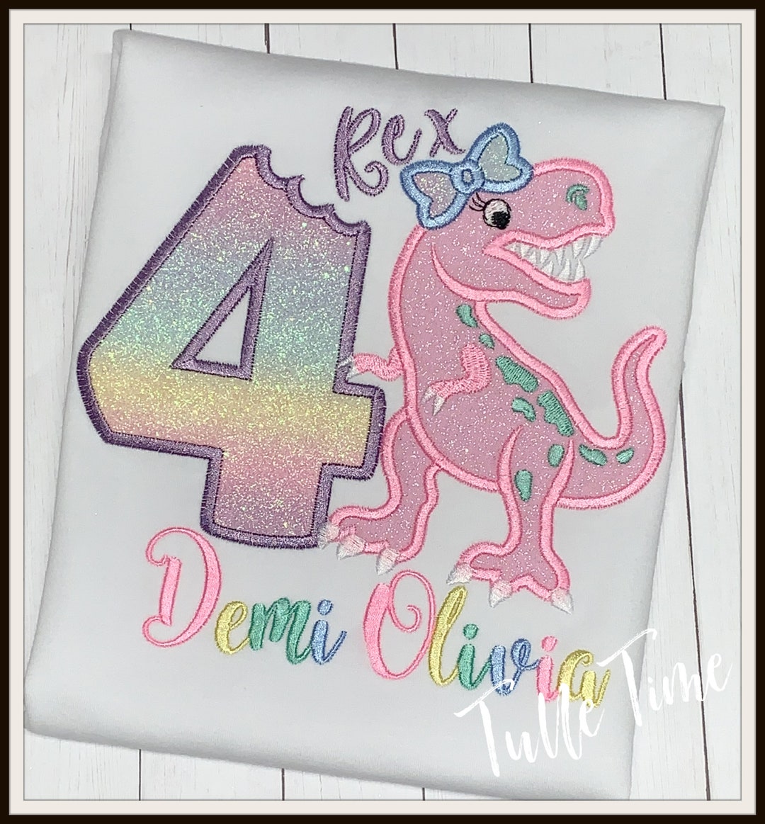 T-rex Girly Dino Birthday Shirt, 3 Rex Dinosaur Shirt, Embroidered Girl ...