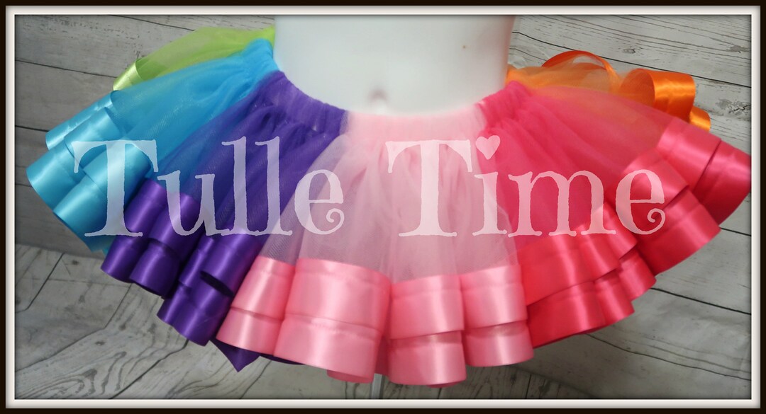Rainbow Tutu, Rainbow Satin Ribbon Trim Trimmed Tutu, Unicorn Birthday ...