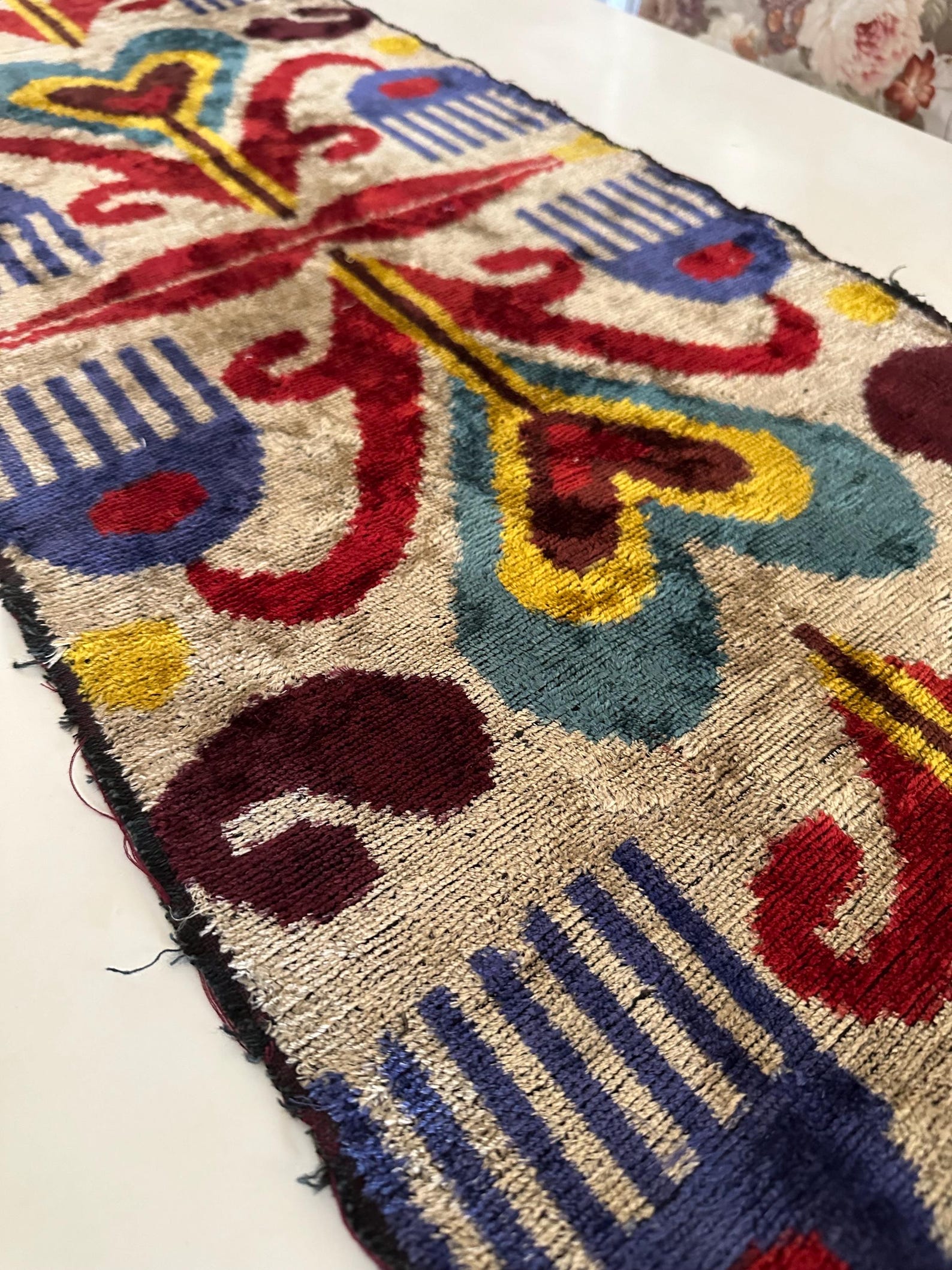 Traditional Uzbek Silk Ikat Fabric - Multi Color Velvet Handloomed ...