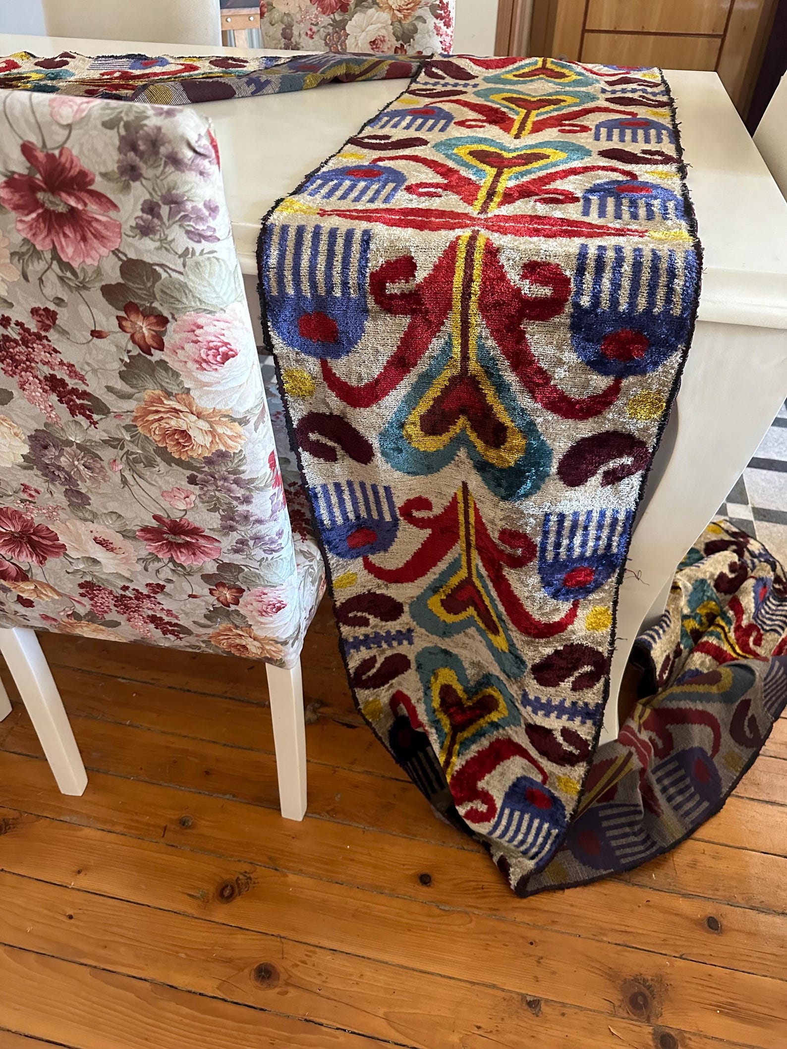 Traditional Uzbek Silk Ikat Fabric - Multi Color Velvet Handloomed ...