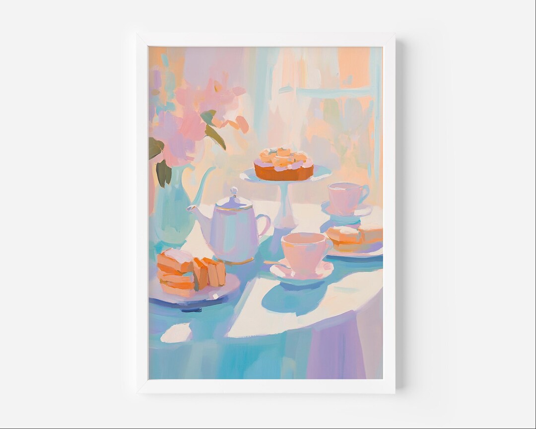 Afternoon Tea Painting, Pastel Art Print, Minimalist Kitchen Decor for ...