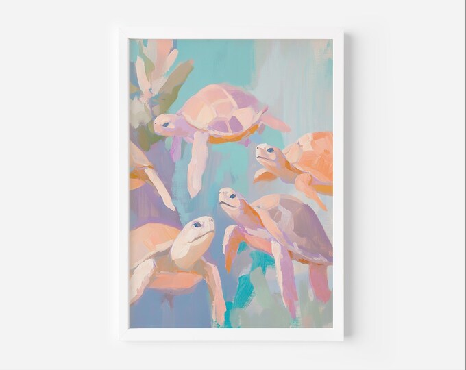 Pink Boho Sea Turtle Wall Art Print, Pastel Turtle Poster, Marine ...