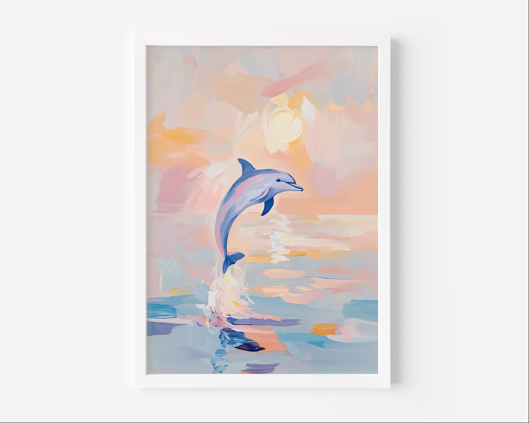 Pastel Dolphin Painting, Sunset Coastal Artwork for Bathroom, Living ...