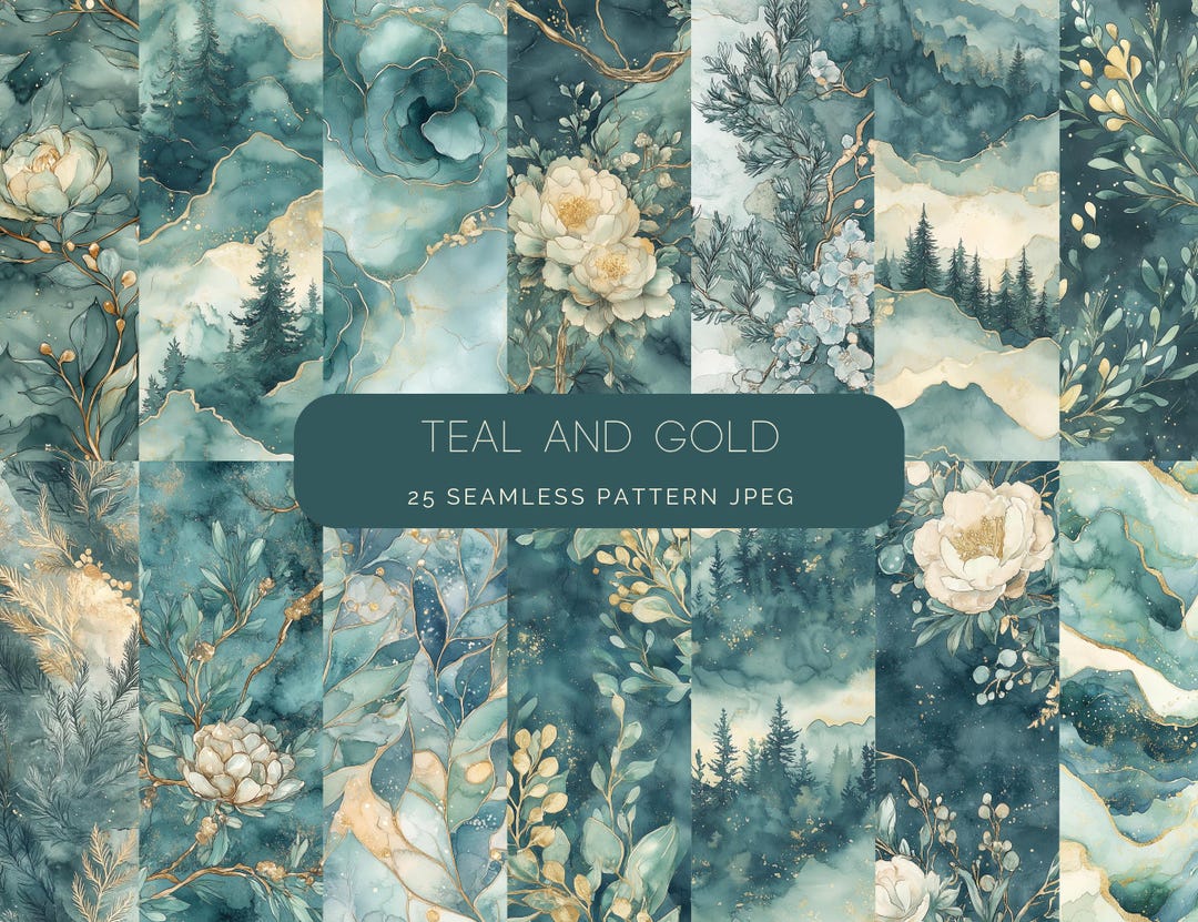 Watercolor Teal Gold Seamless Patterns, Floral JPEG, Abstract ...
