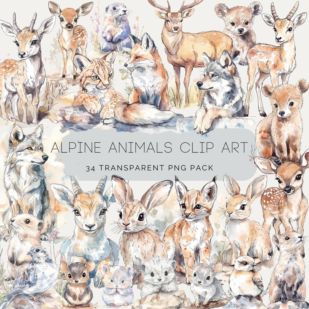 Alpine Animals Clipart PNG, Watercolor Mountain Animals Png, Cute ...