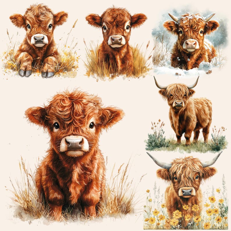 Watercolor Highland Cow Clipart Bundle, 15 PNG Cute Animals Graphics ...