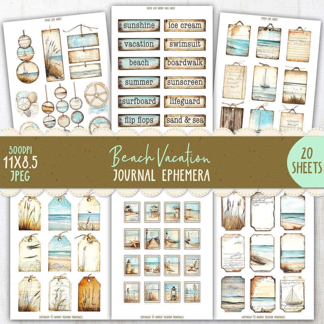 Beach House Coastal Sea Ephemera Set Journaling 20pc Tags Folio Kit ...