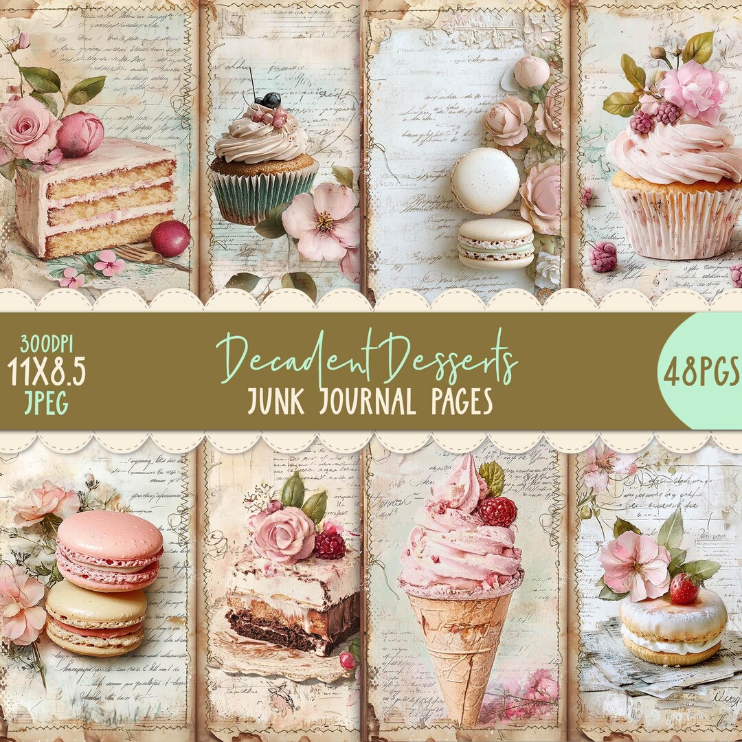 Digital Junk Journal Pages Cakes Cupcakes Desserts 48pk Shabby Boho ...