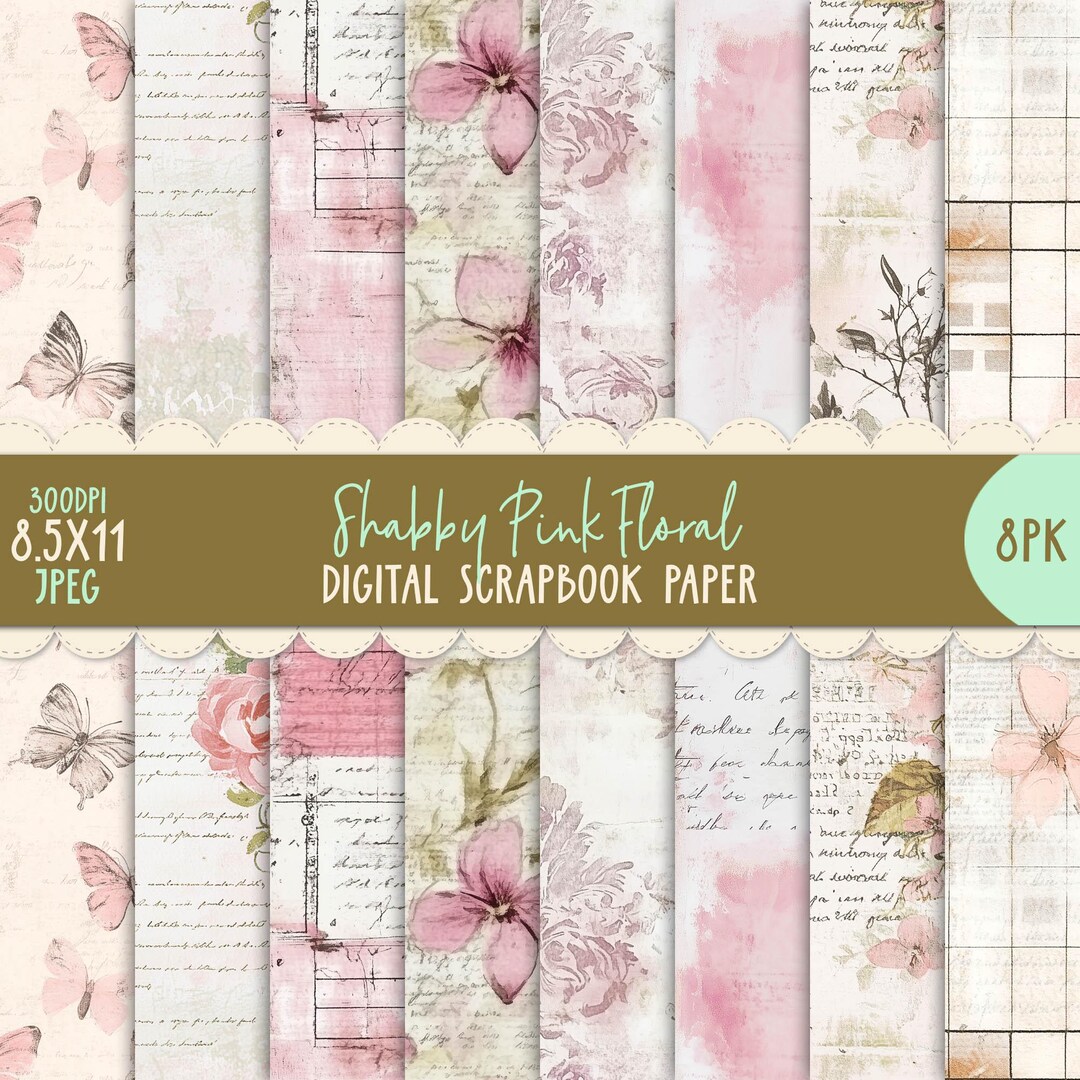 Shabby Pastel Pink Floral Digital Paper Pack 8.5x11 8pk Scrapbook Junk ...
