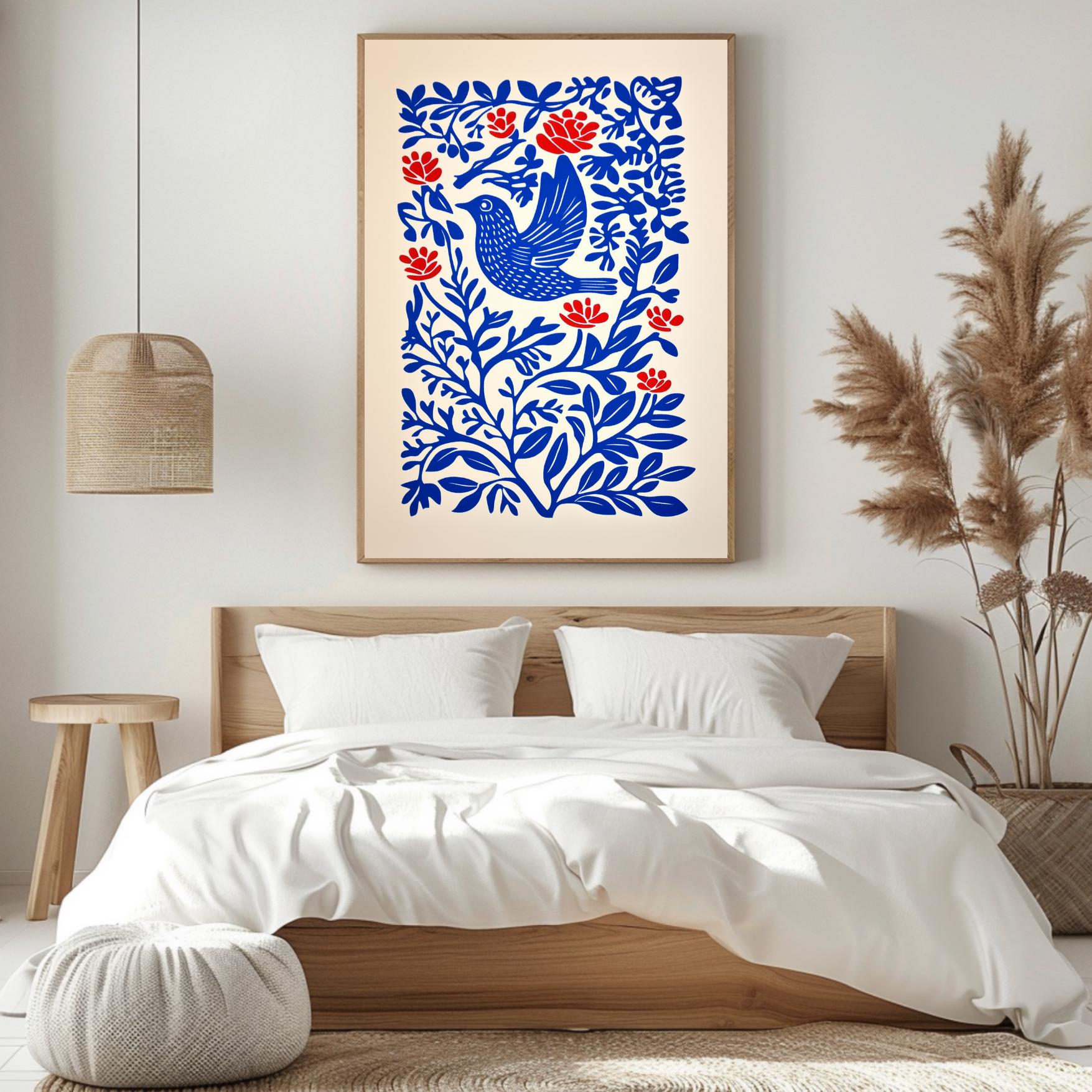 Folk Art Bird Print, Vintage Block Print Style Art Print Scandinavian ...