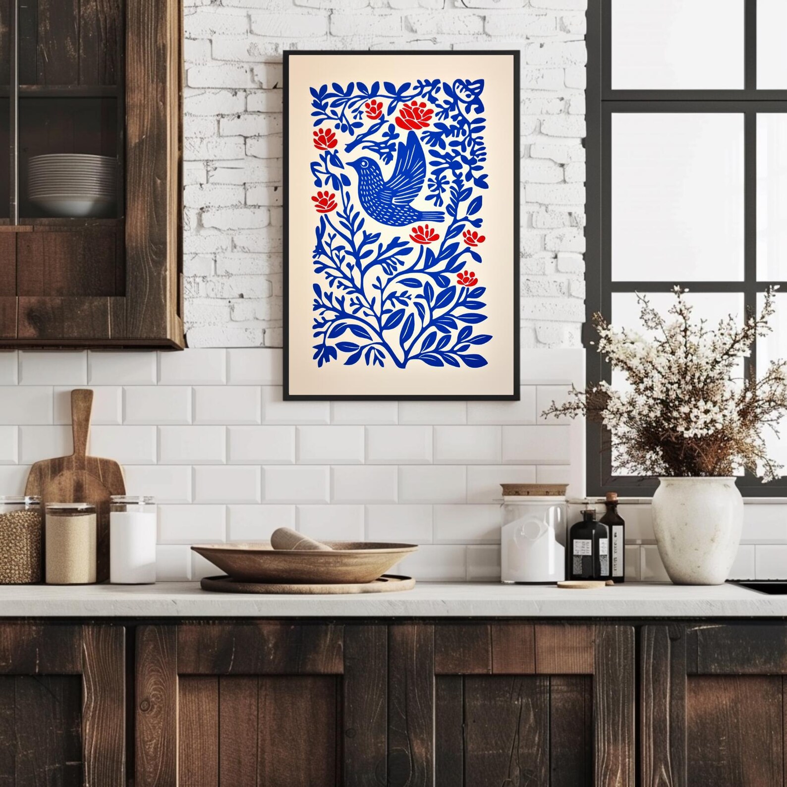 Folk Art Bird Print, Vintage Block Print Style Art Print Scandinavian ...