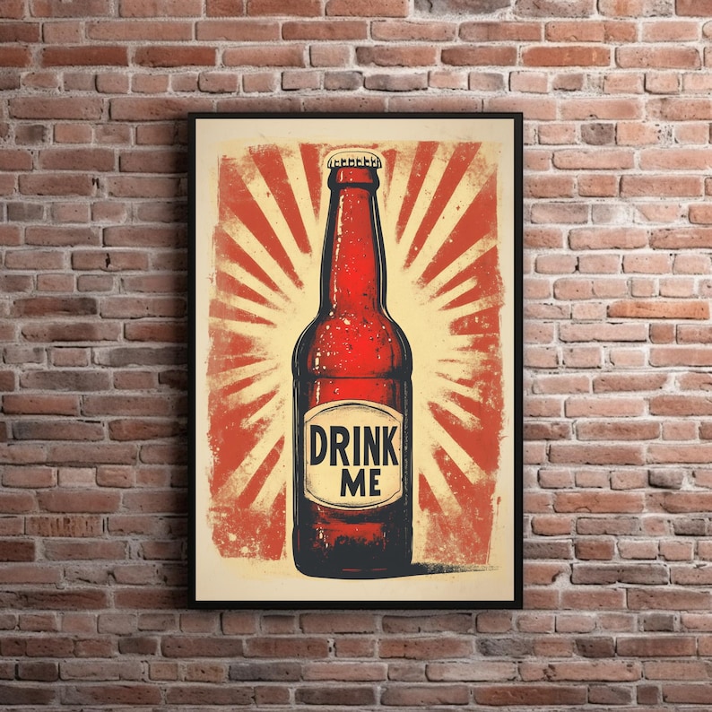 Retro Beer Poster Wonderland Drink Me Beer Bottle Wall Art Vintage ...