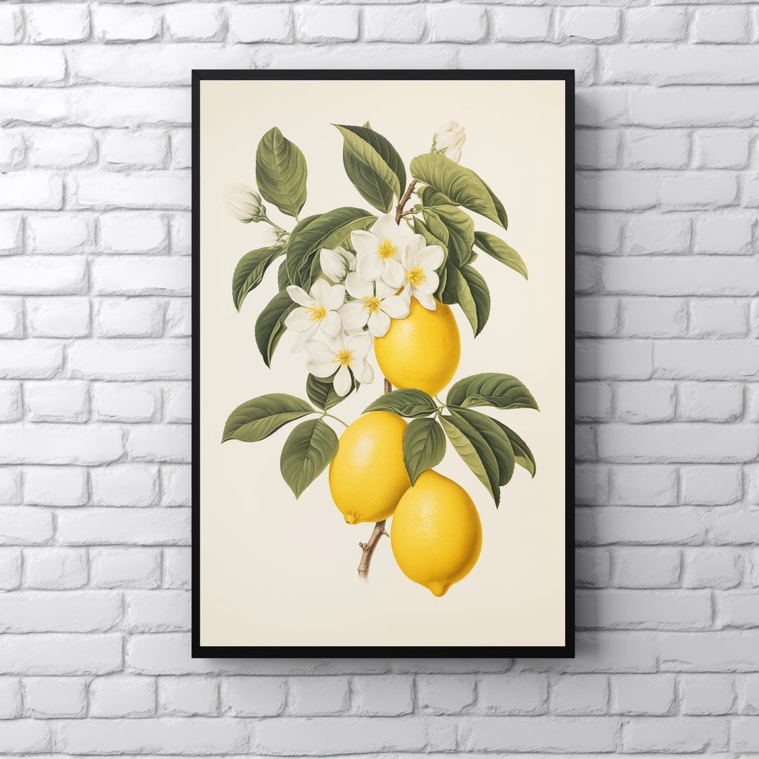 Retro Lemon Art Print Botanical Vintage Fruit Wall Art Citrus Kitchen ...