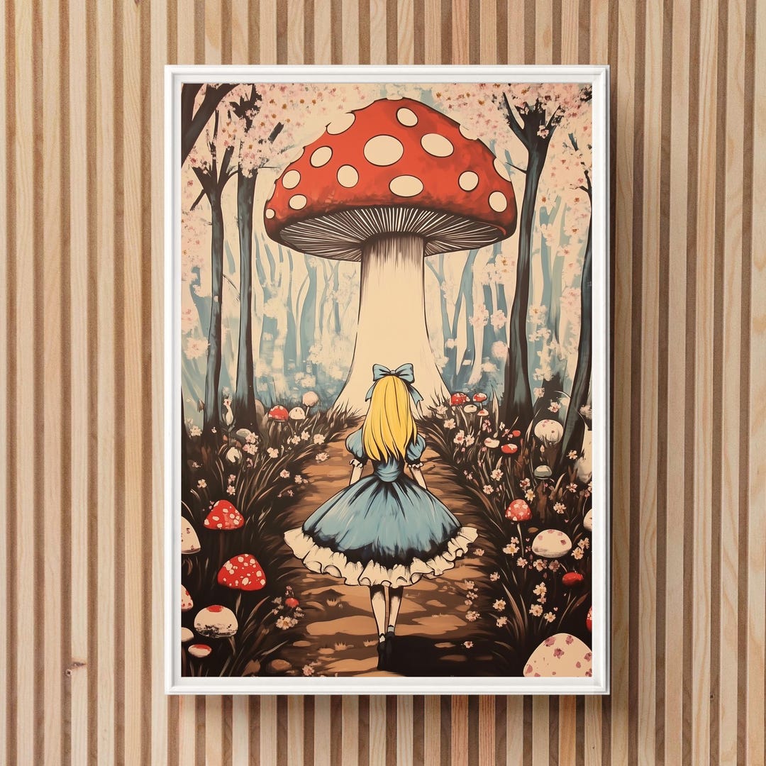 Alice Mushroom Wonderland Print: Trippy Cherry Blossom Wall Art ...