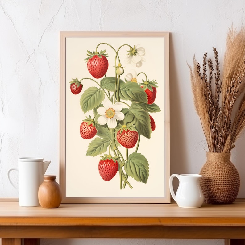 Retro Strawberry Poster, Floral Strawberry Wall Art, Fruit Artwork ...