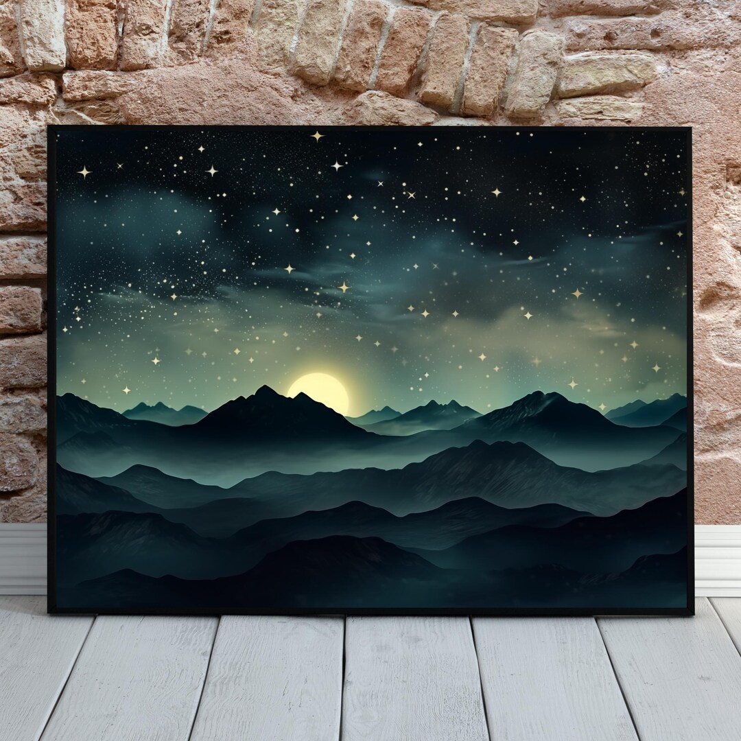 Mountain Moon Print: Starry Night Sky Wall Art, Moody Dark Galaxy ...