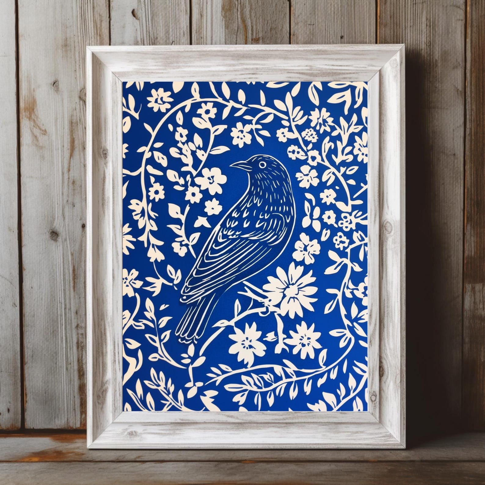 Blue Bird Folk Art Print: Scandi Block Style Wall Art, Scandinavian ...