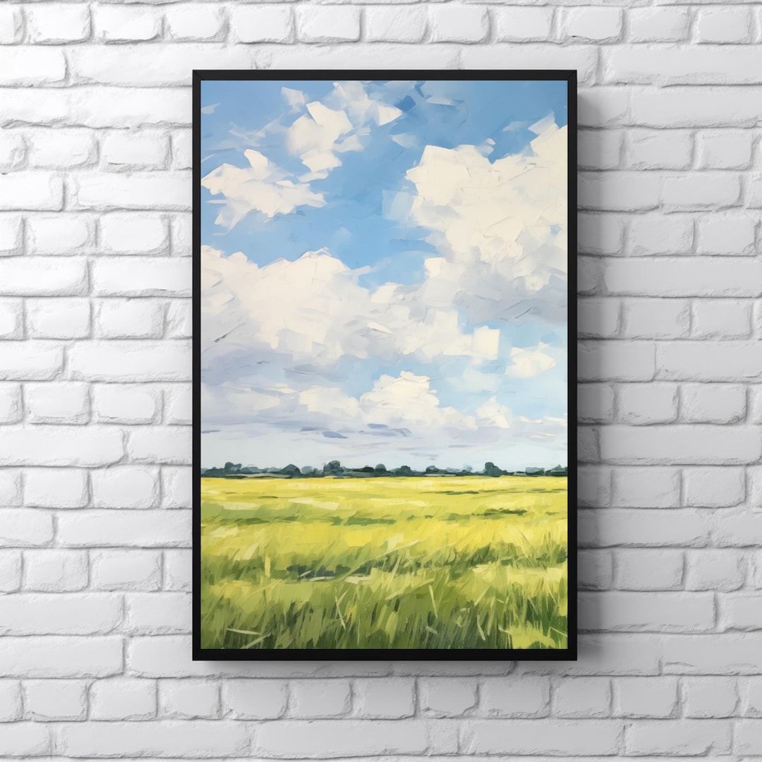Grass Field Painting Art Print, Blue Sky Wall Art, Pastoral Countryside ...