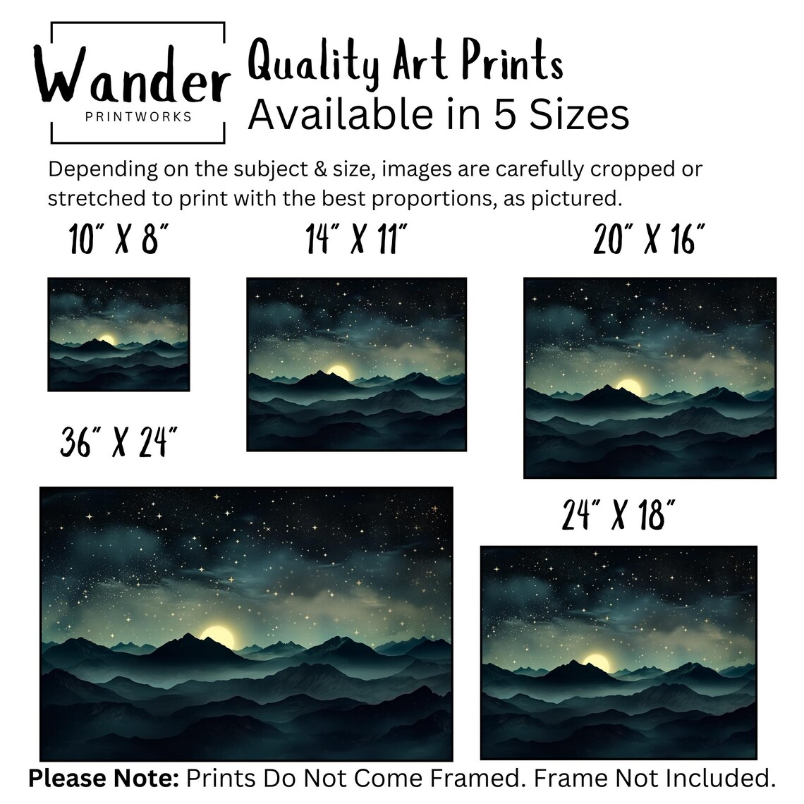Mountain Moon Print: Starry Night Sky Wall Art, Moody Dark Galaxy ...