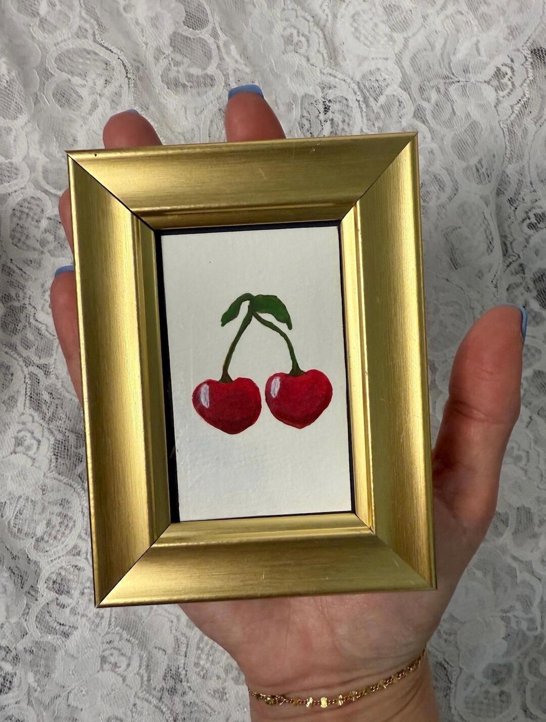 Sweet Cherries - Original Acylic Painting in Mini Gold Frame - Framed Fruit Art, Kitchen Decor ...