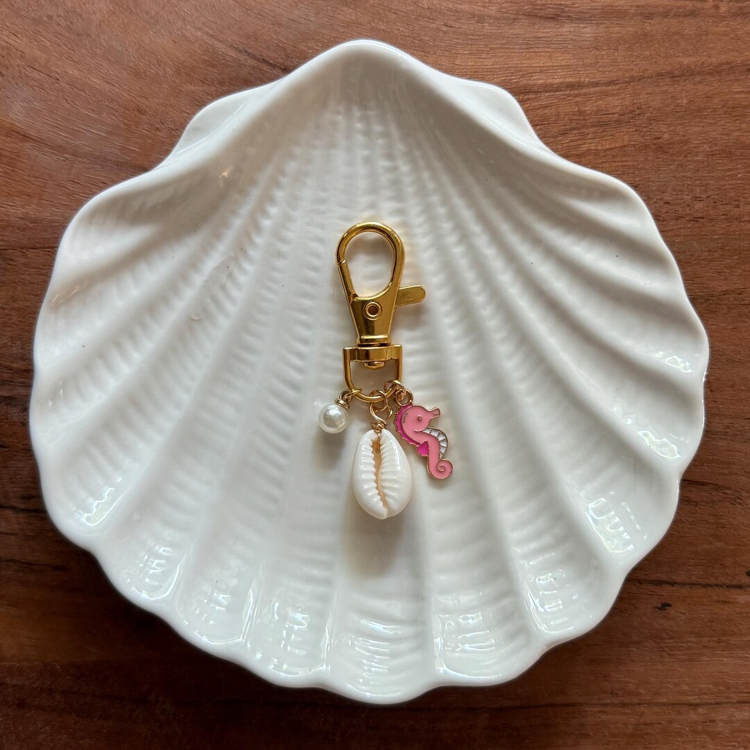 Coastal Seashell Gold Bag Charm Keychain - Pink Seahorse, Pearl and ...