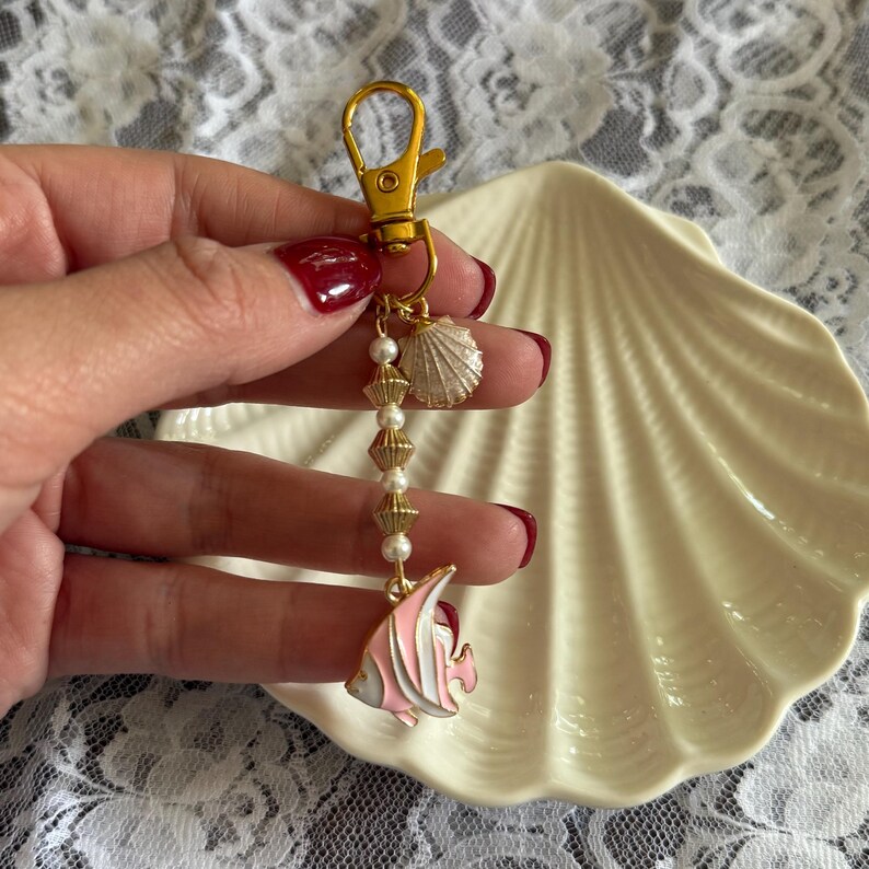 Pink Fish & Seashell Charm Keychain | Ocean Lover Keyring | Pearl ...