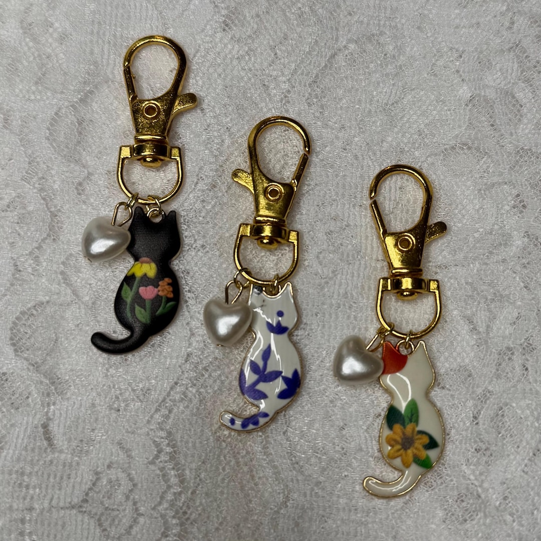 Floral Silhouette Cat Keychain/bag Charm With Pearl Heart Charm ...