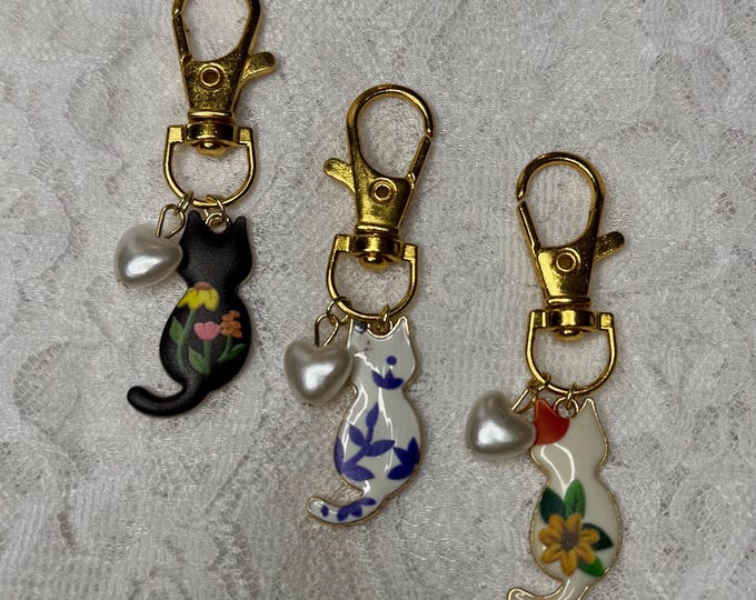Floral Silhouette Cat Keychain/bag Charm With Pearl Heart Charm ...
