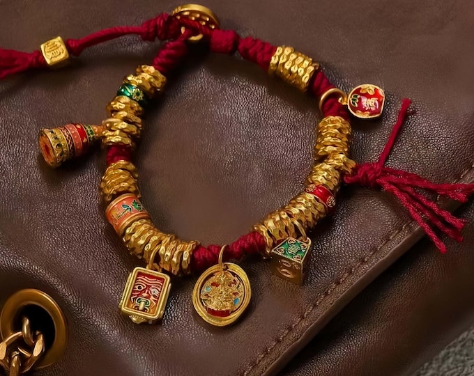 Tibetan Gold Money-string & Red Thread Beads Bracelet – Prosperity ...