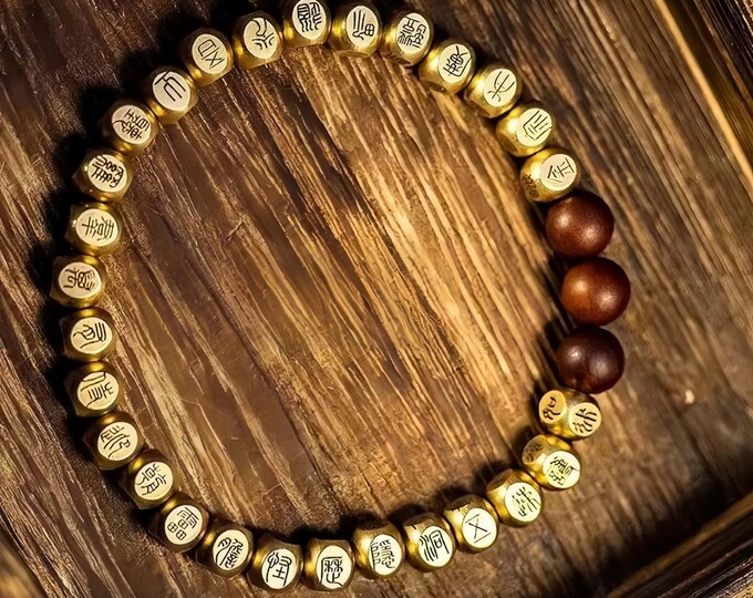 Copper Golden-light Mantra Engraved Beads Bracelet – Taoist Purify ...