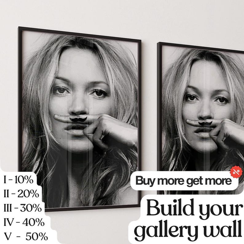 Black and White Kate Moss Fashion Poster Vintage Mustache Finger Wall ...