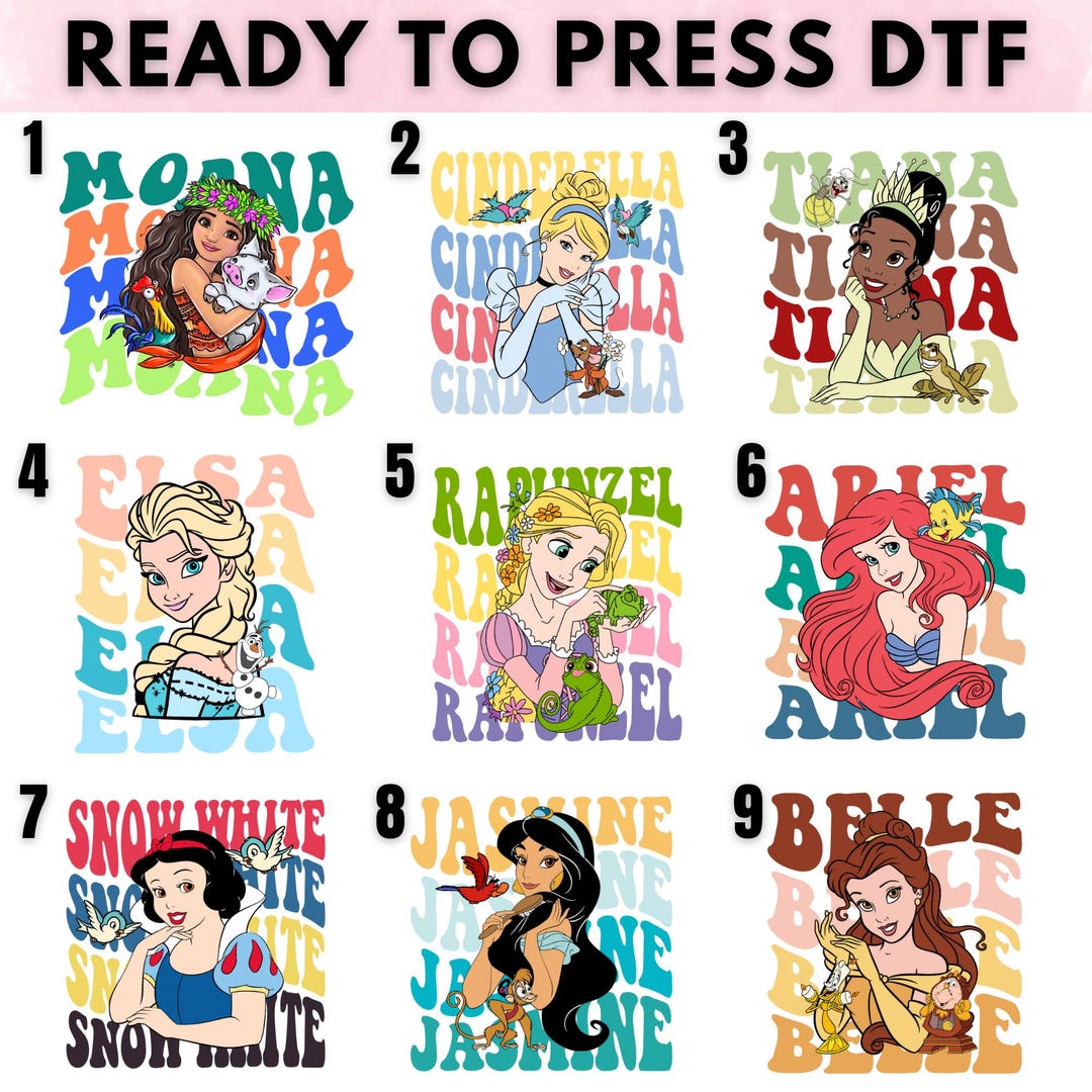 Princess DTF Transfer - Moana Ariel Elsa Cinderella Tiana Dtf Print ...