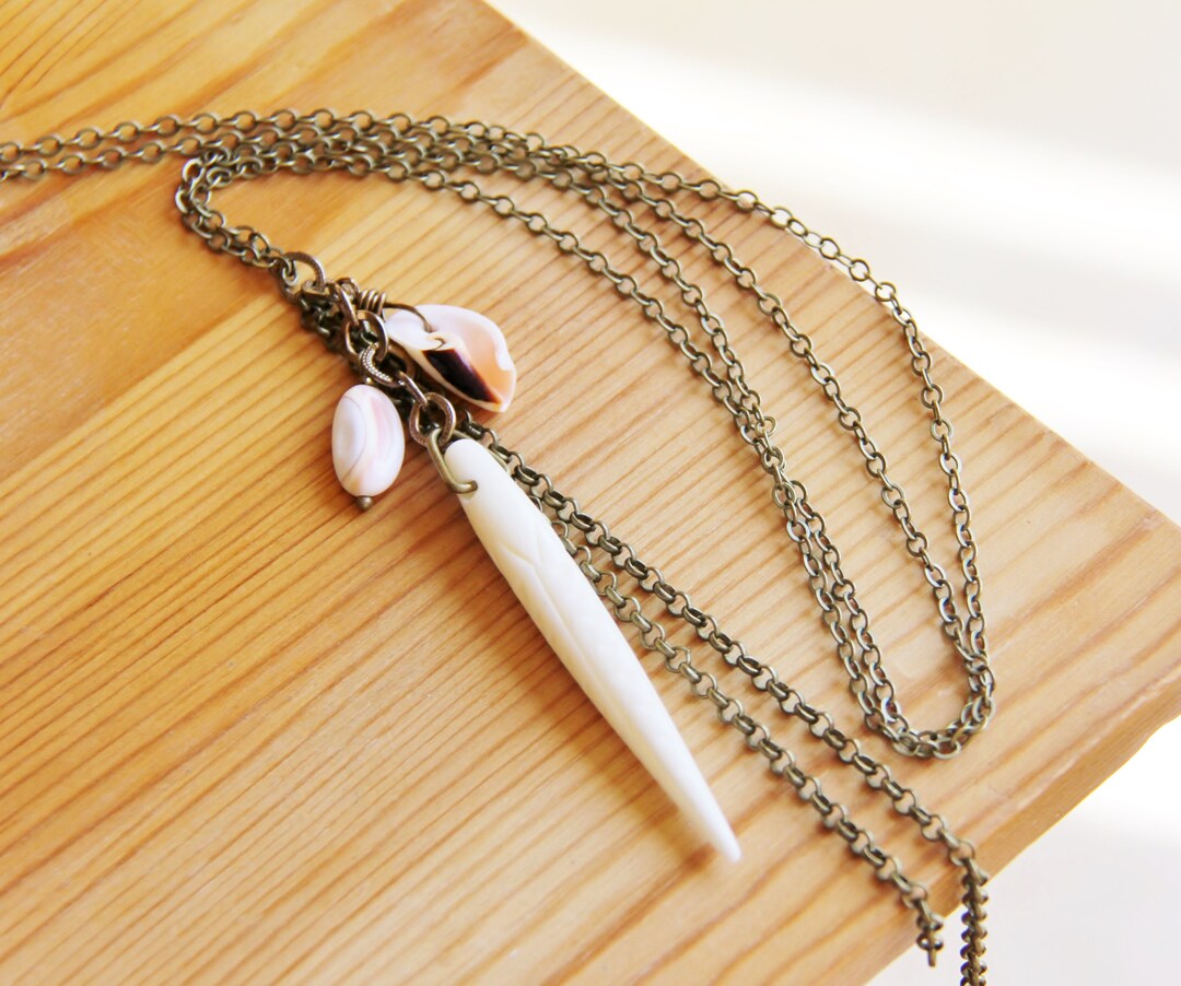Reclaimed Long Carved Bone Spike Shell Charm Tassel Necklace Earthy ...