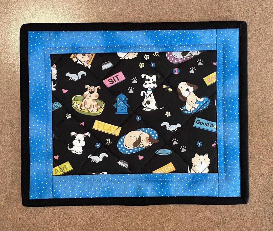 Quilted Dog Mug Rug, Puppies and Command Words Snack Mat, Blue and ...