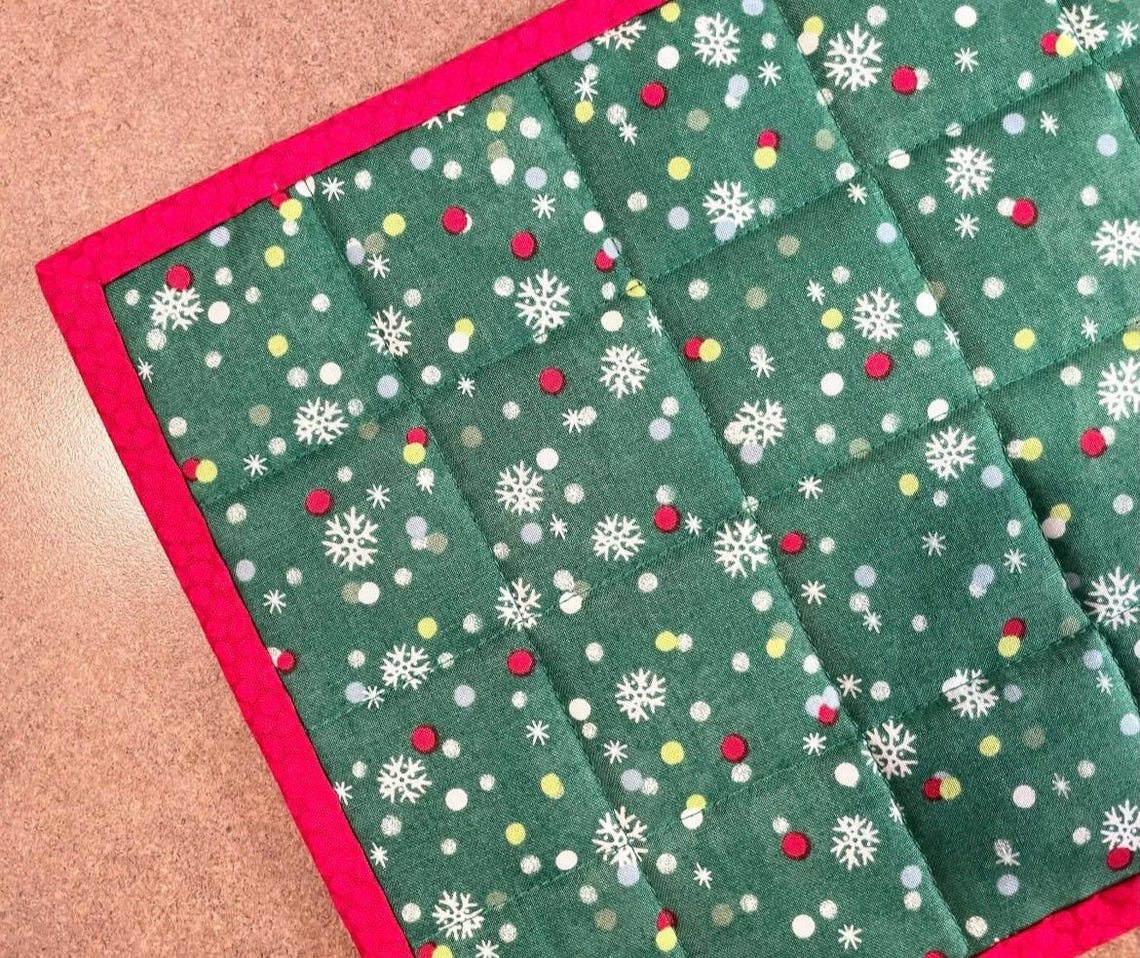 Quilted Christmas Mug Rug, Pieced Black Beige Red Snack Mat, Gnome Hats ...