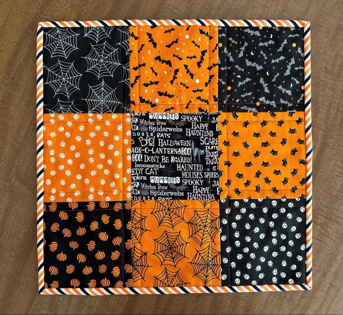 Quilted Halloween Small Table Topper, Pieced 9-patch Pattern, Orange ...