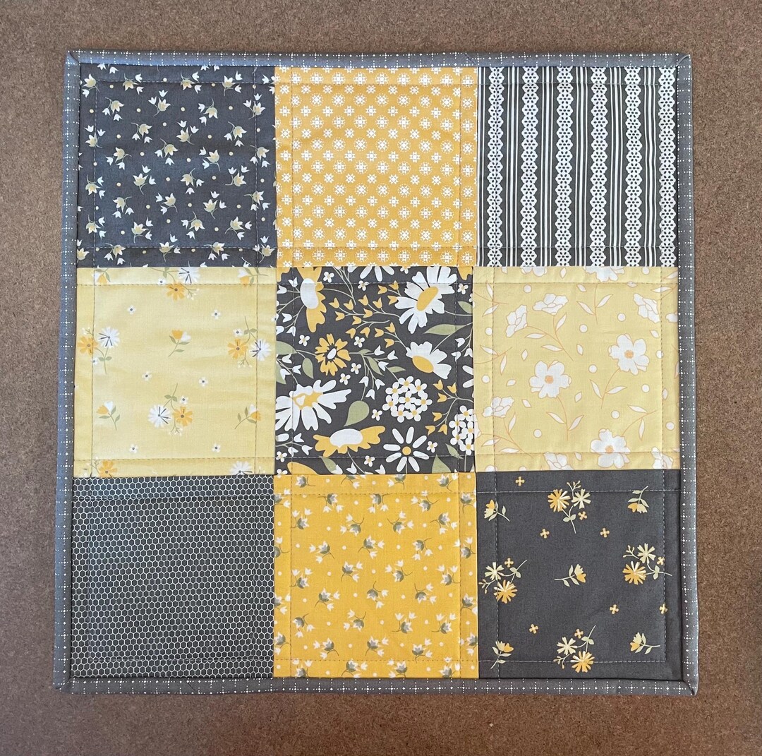 Quilted Small Table Topper, Gray and Yellow 9-patch, Pieced Table ...