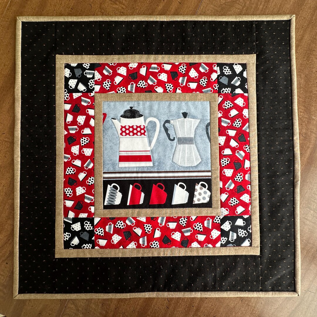 Quilted Table Topper, Coffee Themed Coffee Station Mat, Red and Black ...