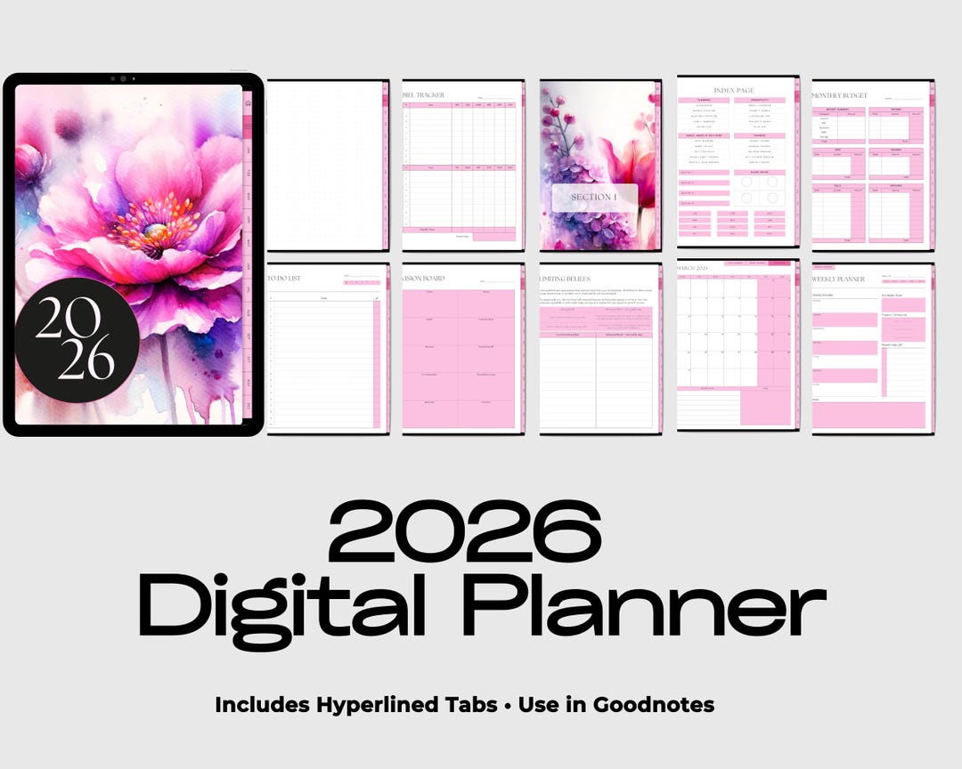 2026 Digital Planner, Hyperlinked Tabs for Goodnotes, Portrait Layout ...
