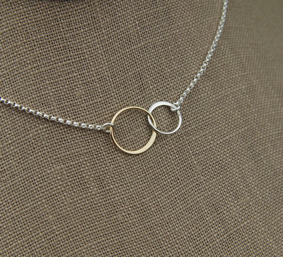 Interlocking Rings Necklace in Sterling Silver and Bronze, Two Linked ...