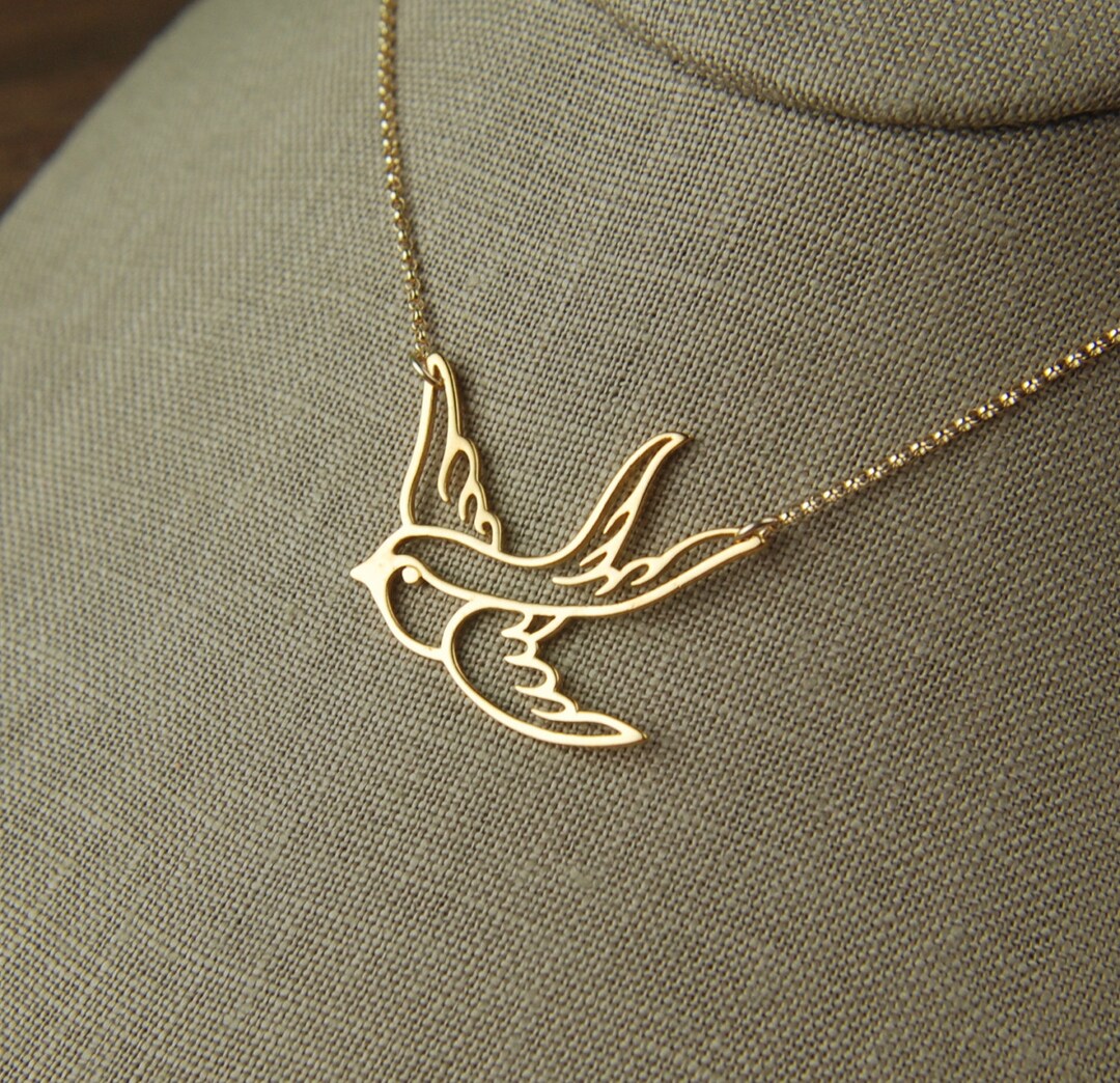 Gold Bird in Flight Pendant and Gold Filled Necklace, Swallow ...