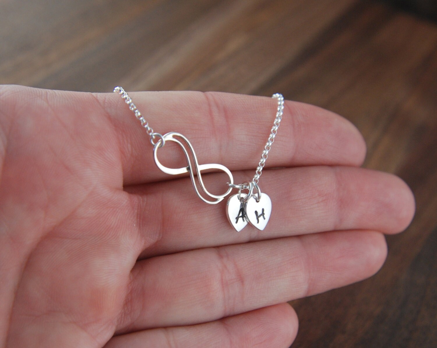 Small double infinity necklace with initial charms in sterling | Etsy