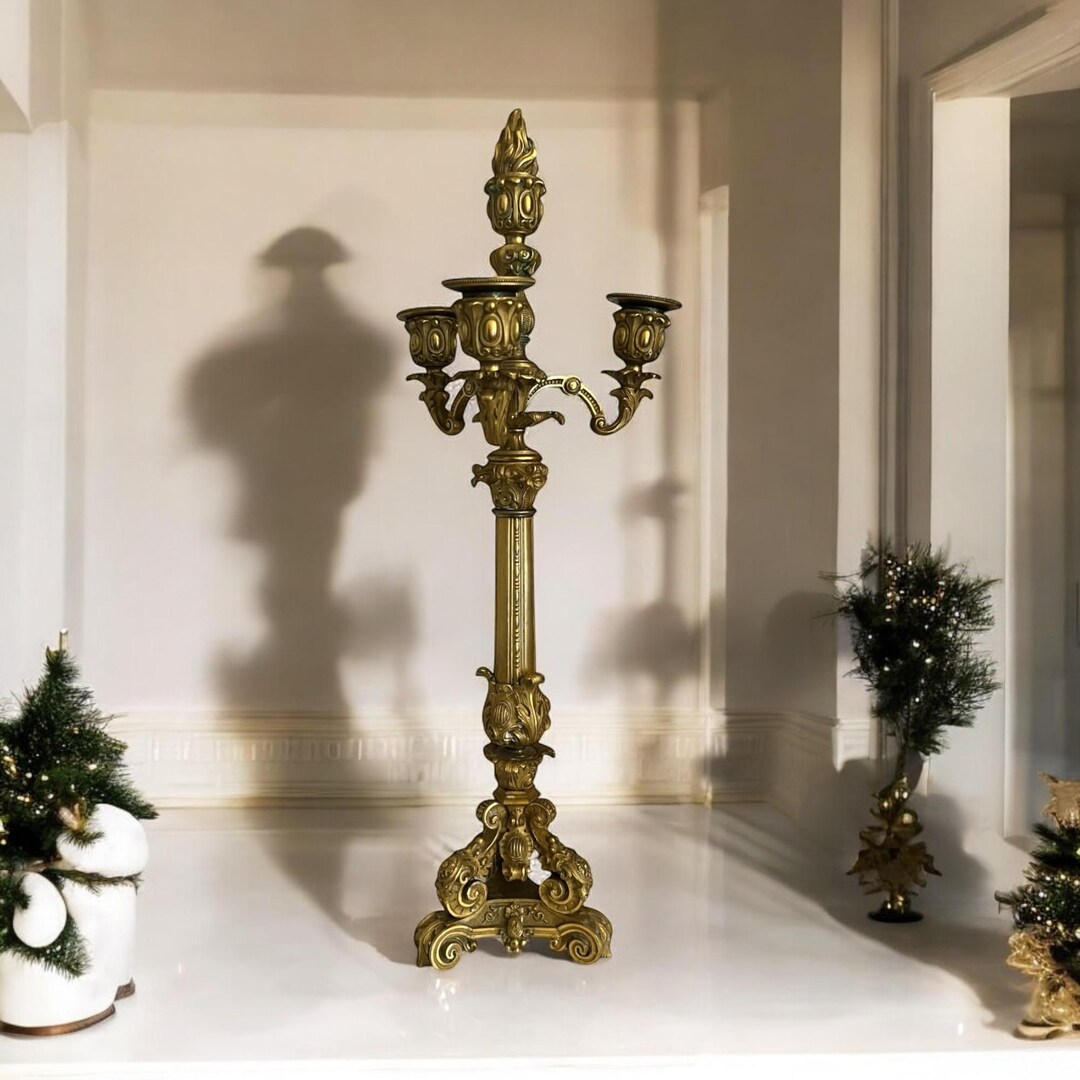 Antique Gilt Bronze Three Light Candelabra, Flame Finial. Candle Stick ...