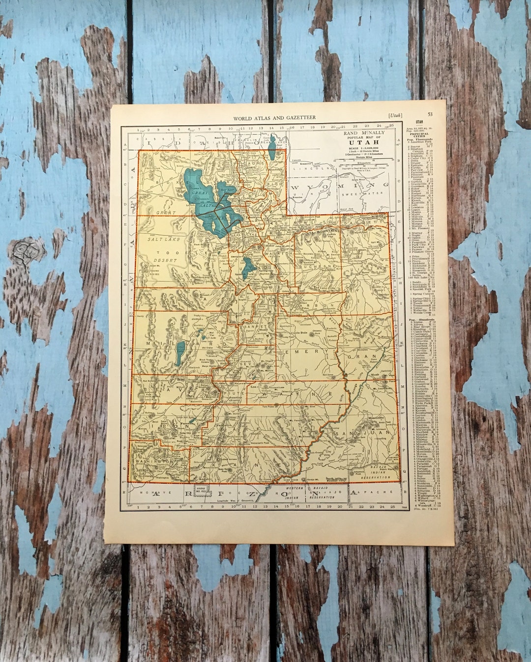 1937 Utah Antique Map. Old Map of Vermont & Utah. Historical Print ...