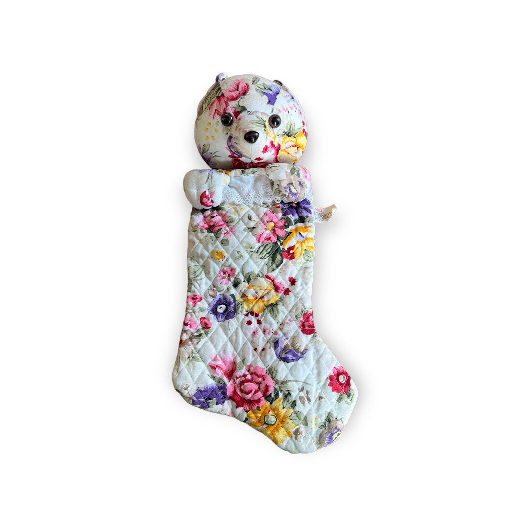 Vintage Floral Teddy Bear Stocking. 1980s. Quilted Christmas Stocking ...